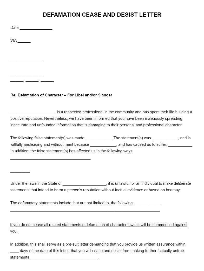 Defamation Cease And Desist Letter